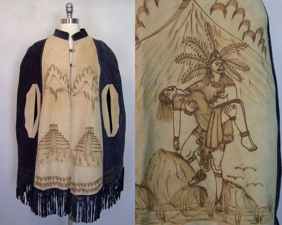 RARE 70s Aztec Mexican Theme Tooled Leather Suede Pon… - Gem