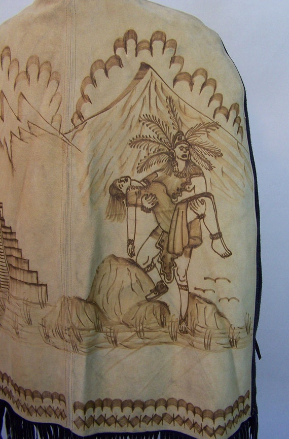 RARE 70s Aztec Mexican Theme Tooled Leather Suede Pon… - Gem