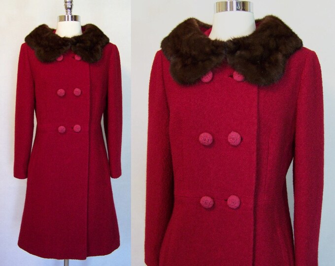 Gorgeous 1960s Cranberry Red Wool Mink Fur Trim Princess Coat M Medium ...