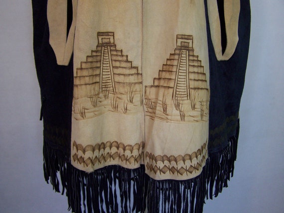 RARE 70s Aztec Mexican Theme Tooled Leather Suede Pon… - Gem