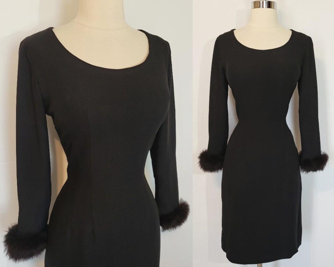 Hourglass 50s SUE LESLIE Black Fox Fur Cuffs Pinup Cocktail Dress Small ...