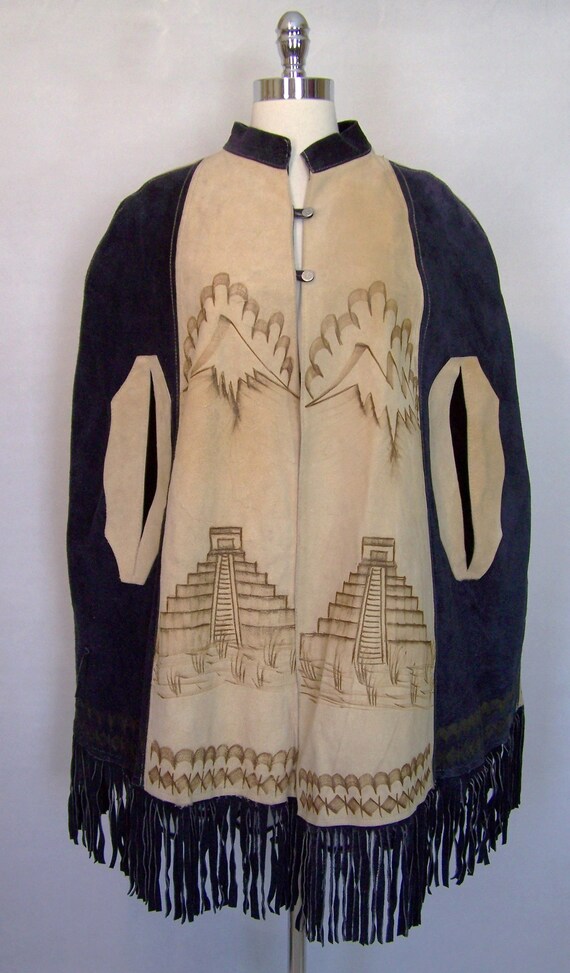 RARE 70s Aztec Mexican Theme Tooled Leather Suede Pon… - Gem