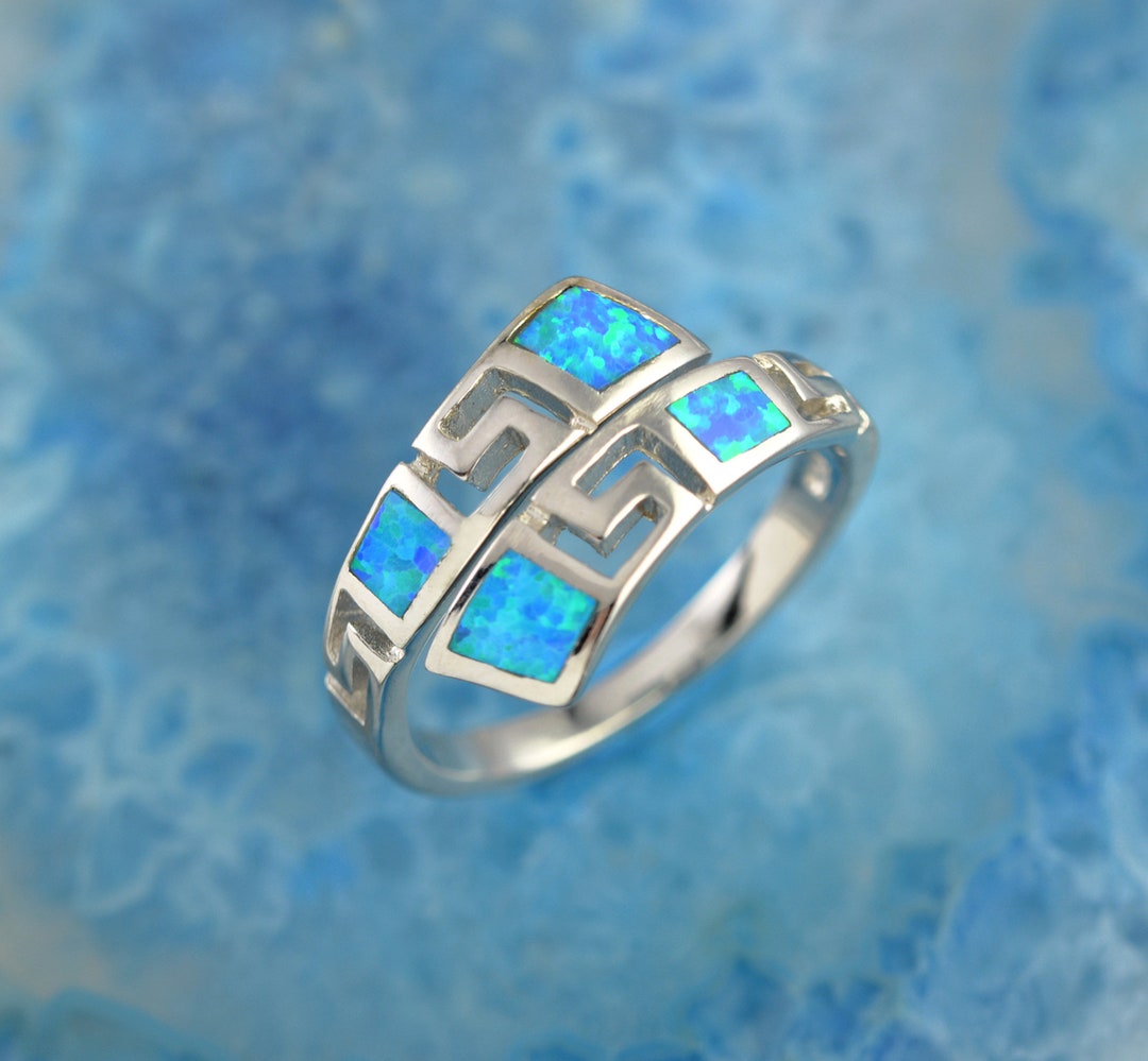 Greek Key Blue Opal Silver Ring, Opal Ring, Silver Greek Ring, Opal ...