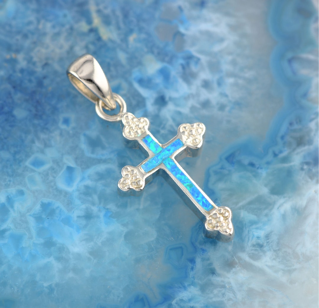 Opal Silver Cross Pendant, Silver Cross, Blue Opal Cross Necklace ...
