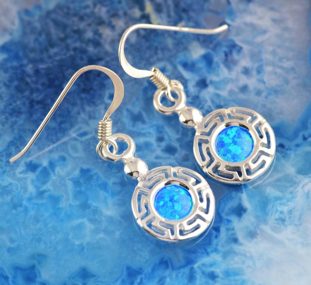 Greek Key Blue Opal Silver Earrings, Opal Earrings, Greek Key Earrings ...