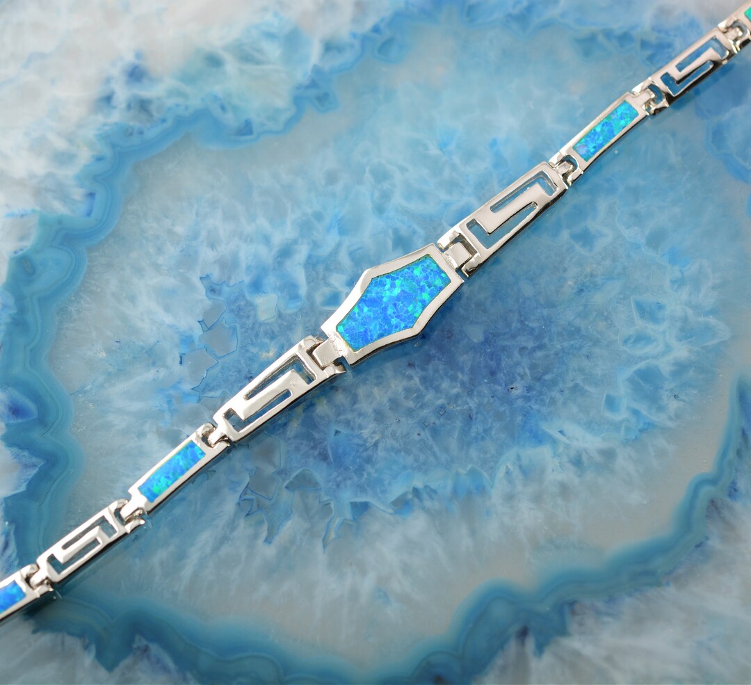 Greek Key Blue Opal Silver Bracelet, Blue Opal Bracelet, Greek Key ...