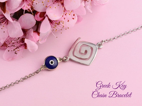 Good luck eye greek key silver bracelet eye bracelet chain | Etsy