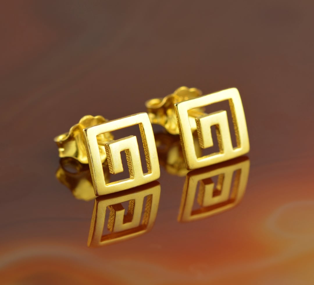 Greek Key Golden Stud Earrings, Greek Key Earrings, Dainty Studs, Greek ...