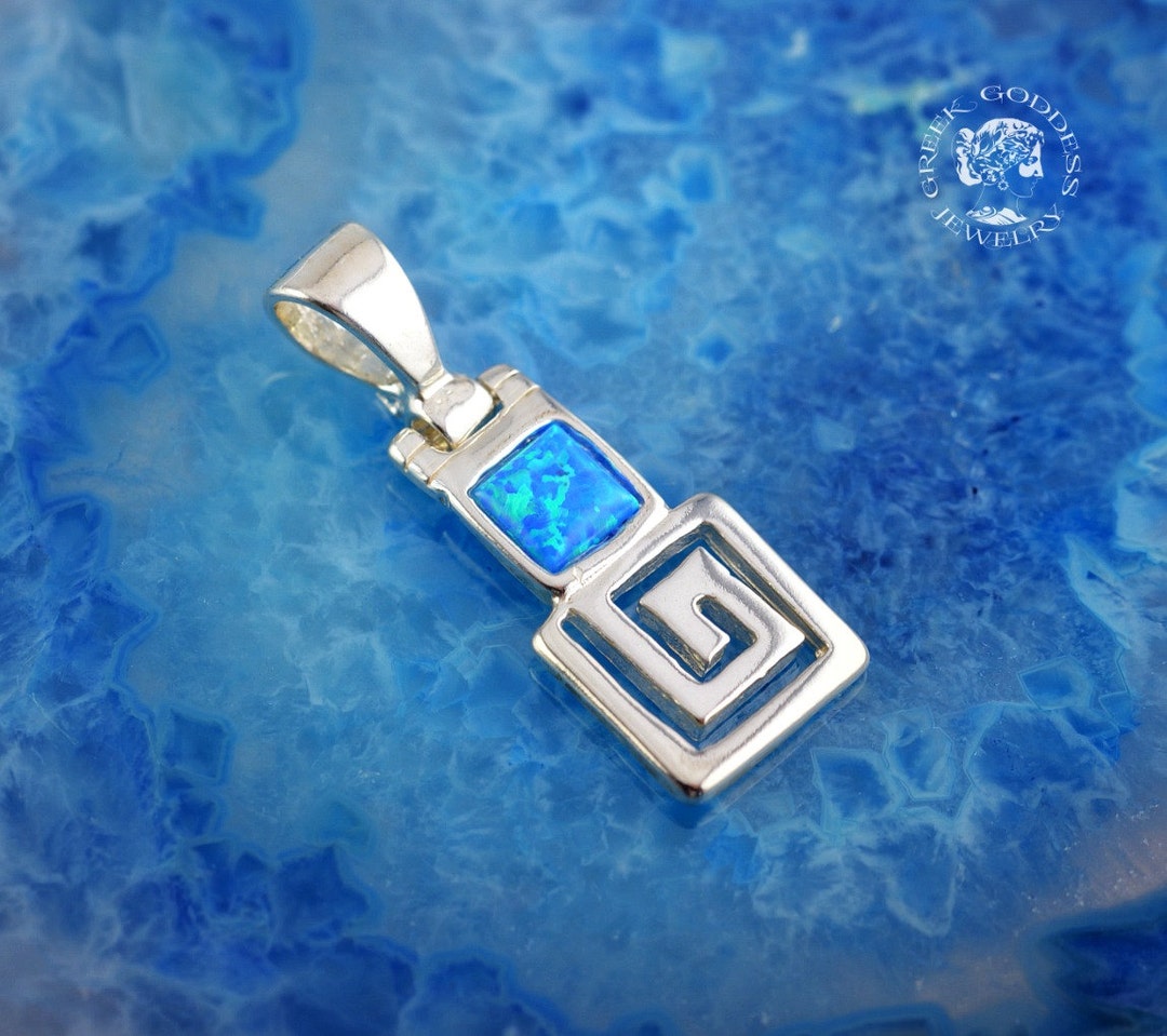 Greek Key Opal Silver Pendant, Greek Key Pendant, Opal Pendant, Opal ...