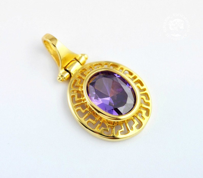 Greek Key Purple Zircon Gold Pendant 14K Gold Necklace 14K - Etsy