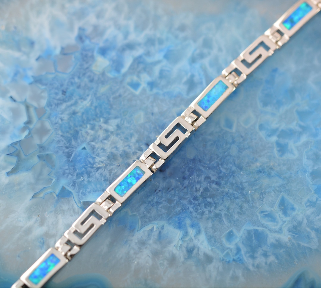 Greek Key Blue Opal Silver Bracelet, Blue Opal Bracelet, Greek Key Bracelet, Greek Bracelet ...