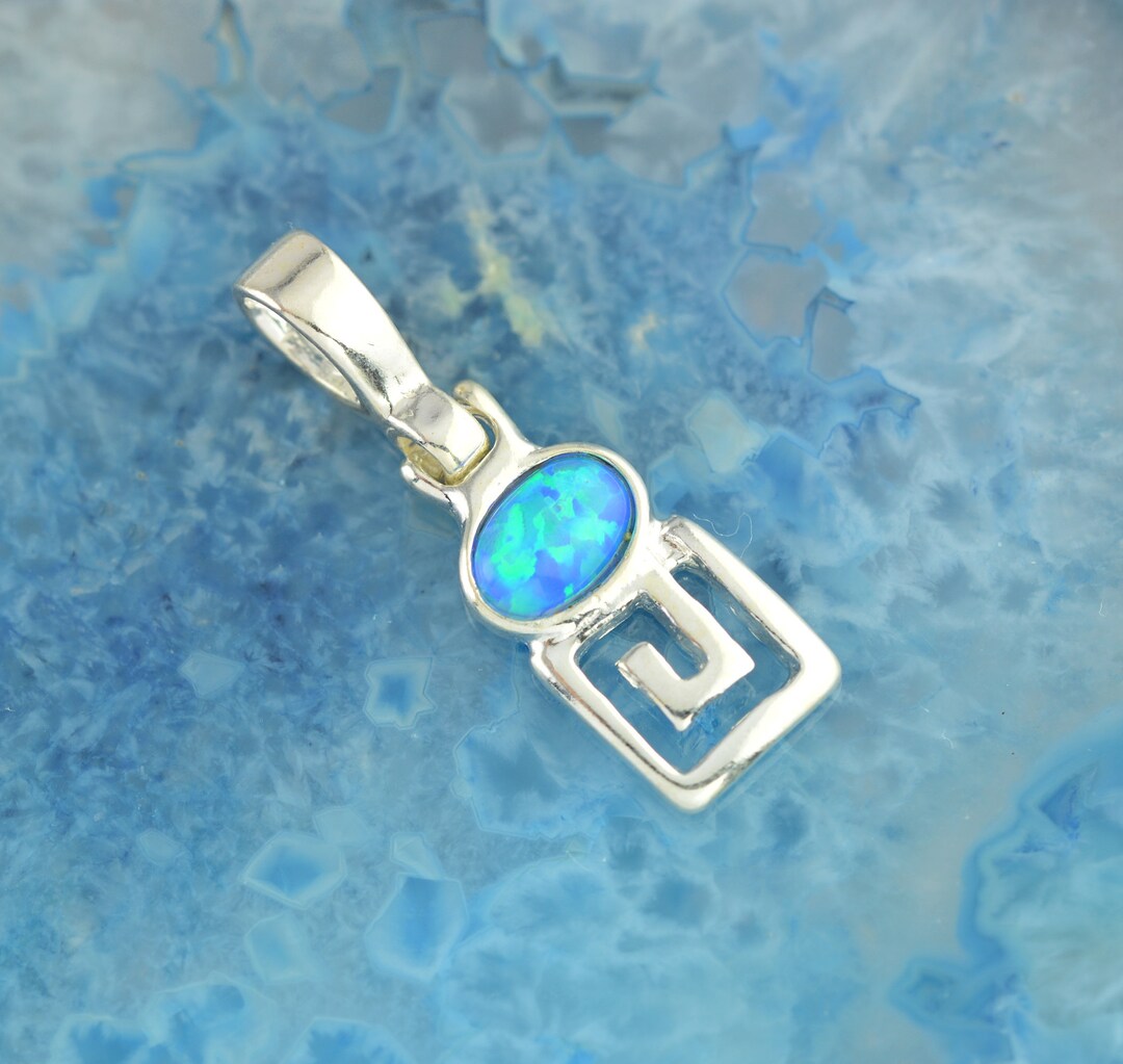 Greek Key Blue Opal Silver Pendant, Blue Opal Pendant, Greek Key ...