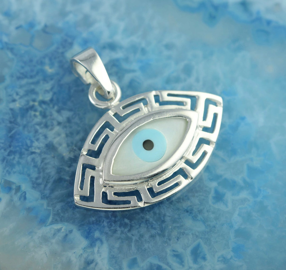 Good Luck Eye Silver Pendant, Eye Pendant, Greek Key Pendant, Good Luck ...