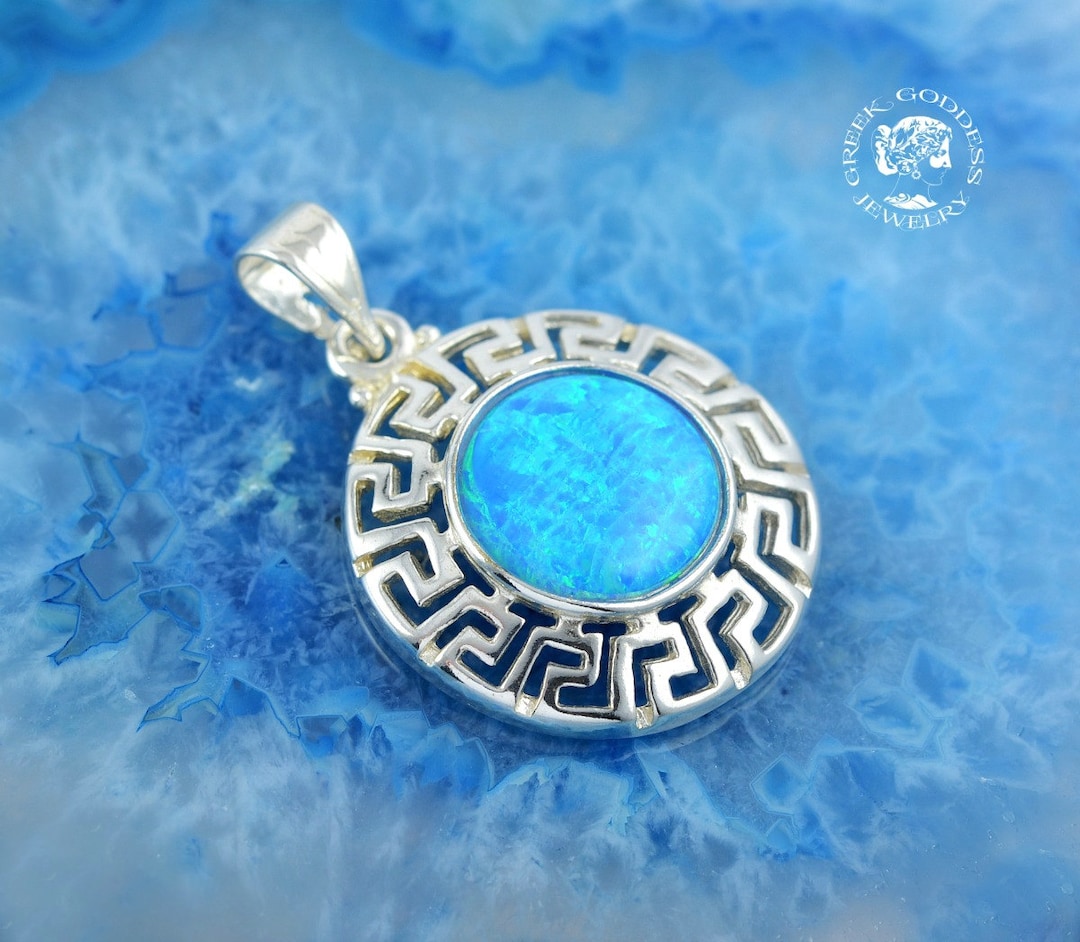 Greek Key Opal Silver Pendant, Greek Key Necklace, Opal Pendant, Opal ...