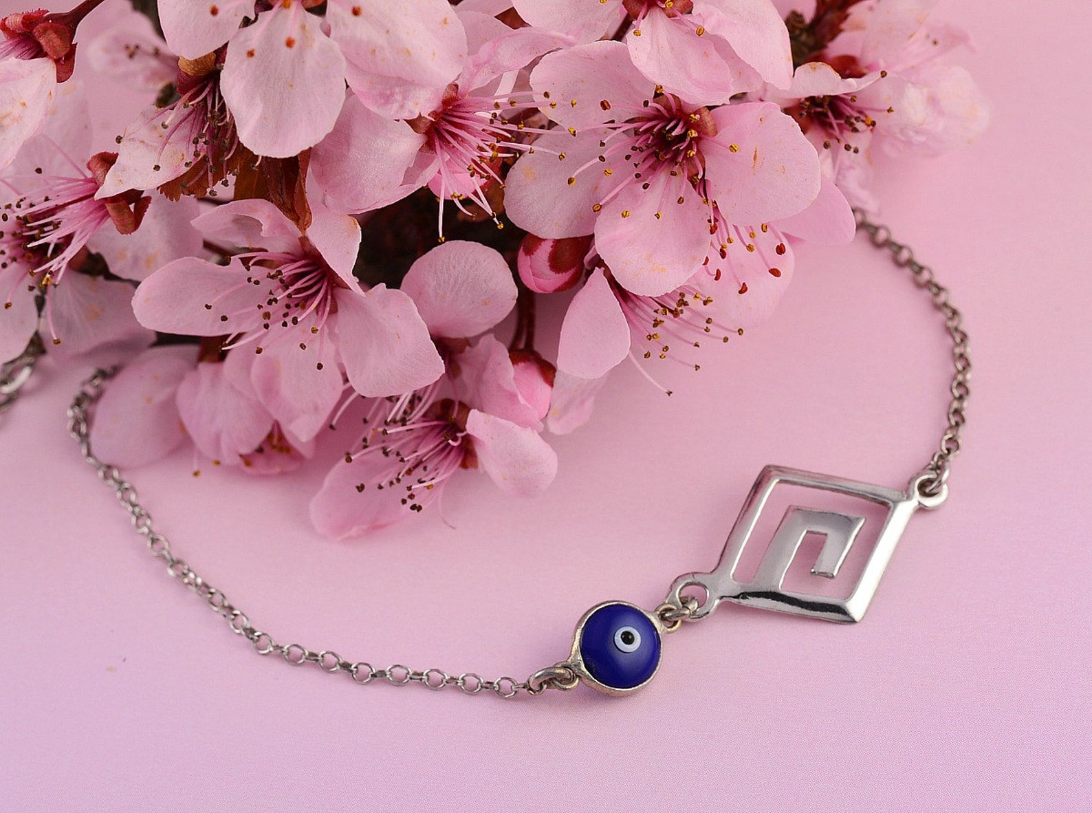 Good Luck Eye Greek Key Silver Bracelet Good Luck Eye - Etsy