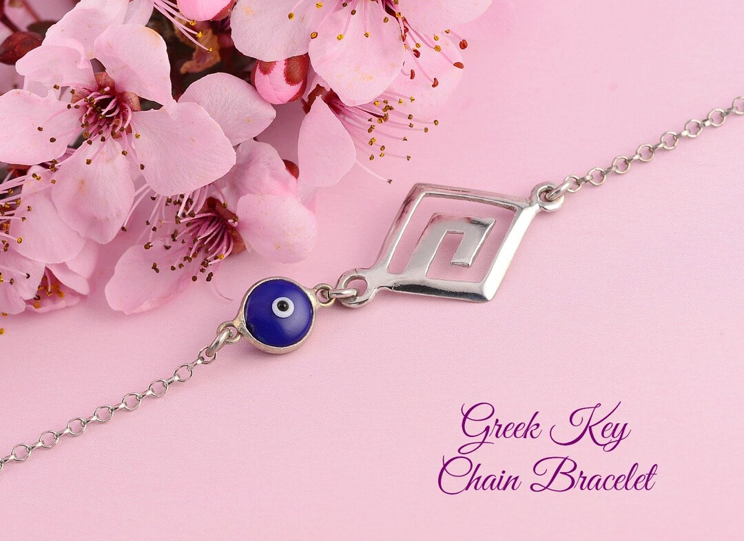 Good Luck Eye Greek Key Silver Bracelet, Good Luck Eye Bracelet, Dainty ...