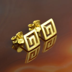 Greek Key Golden Stud Earrings, Greek Key Earrings, Dainty Studs, Greek ...