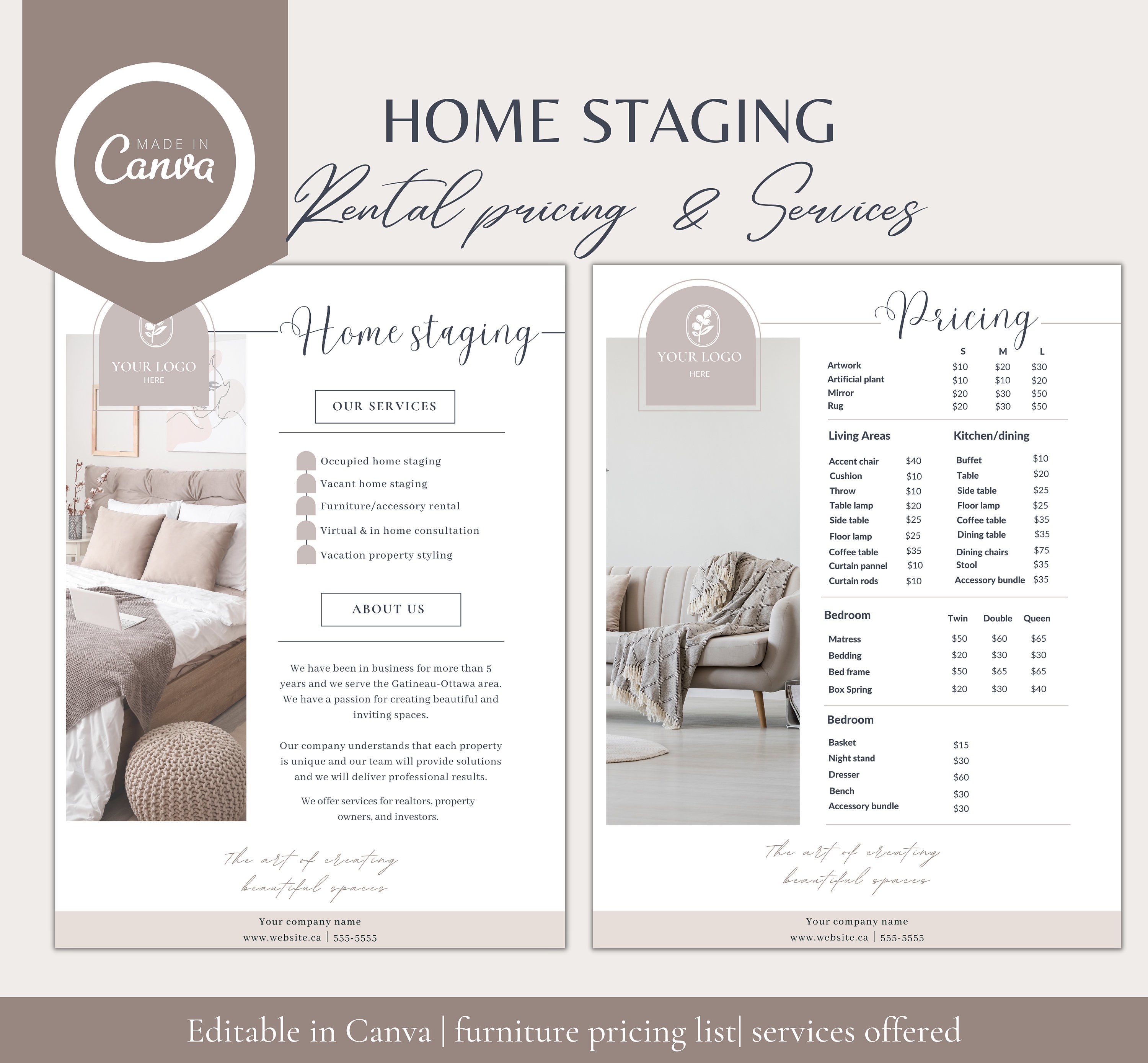 Home Staging Rental Pricing List & Services Offered - Canva Template - Etsy