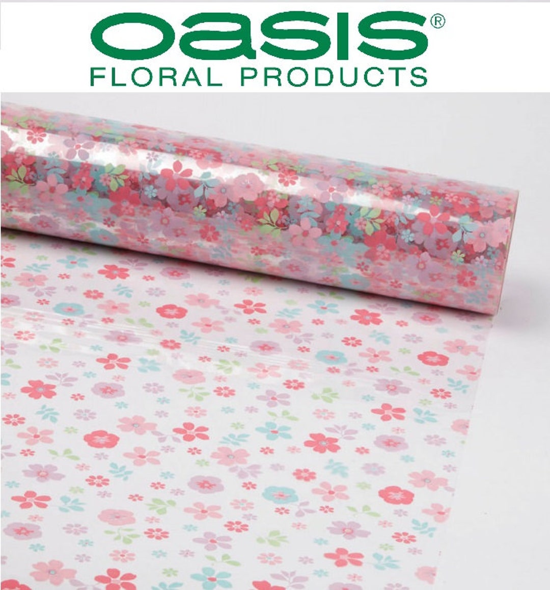 80cm Wide Cellophane Pink Floral Film Roll Gift Wrap Scattered Flowers ...