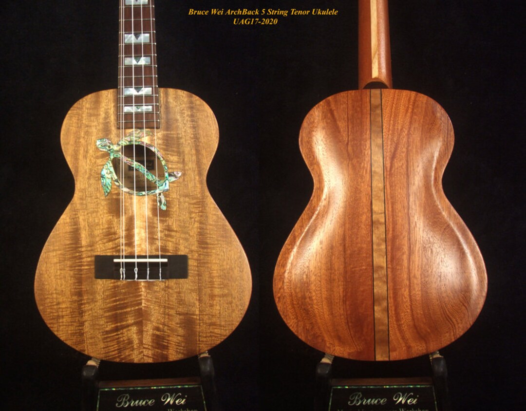 Bruce Wei 5 String Curly Mango Arch-back Tenor Ukulele, Turtle Soundhole, MOP Inlay, Soft-bag ...