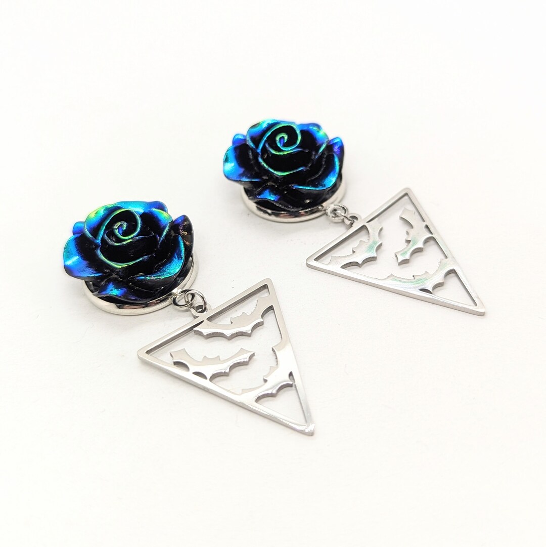 Iridescent Black Flower Silver Bat Plug Dangles | Double Flare | Screw ...
