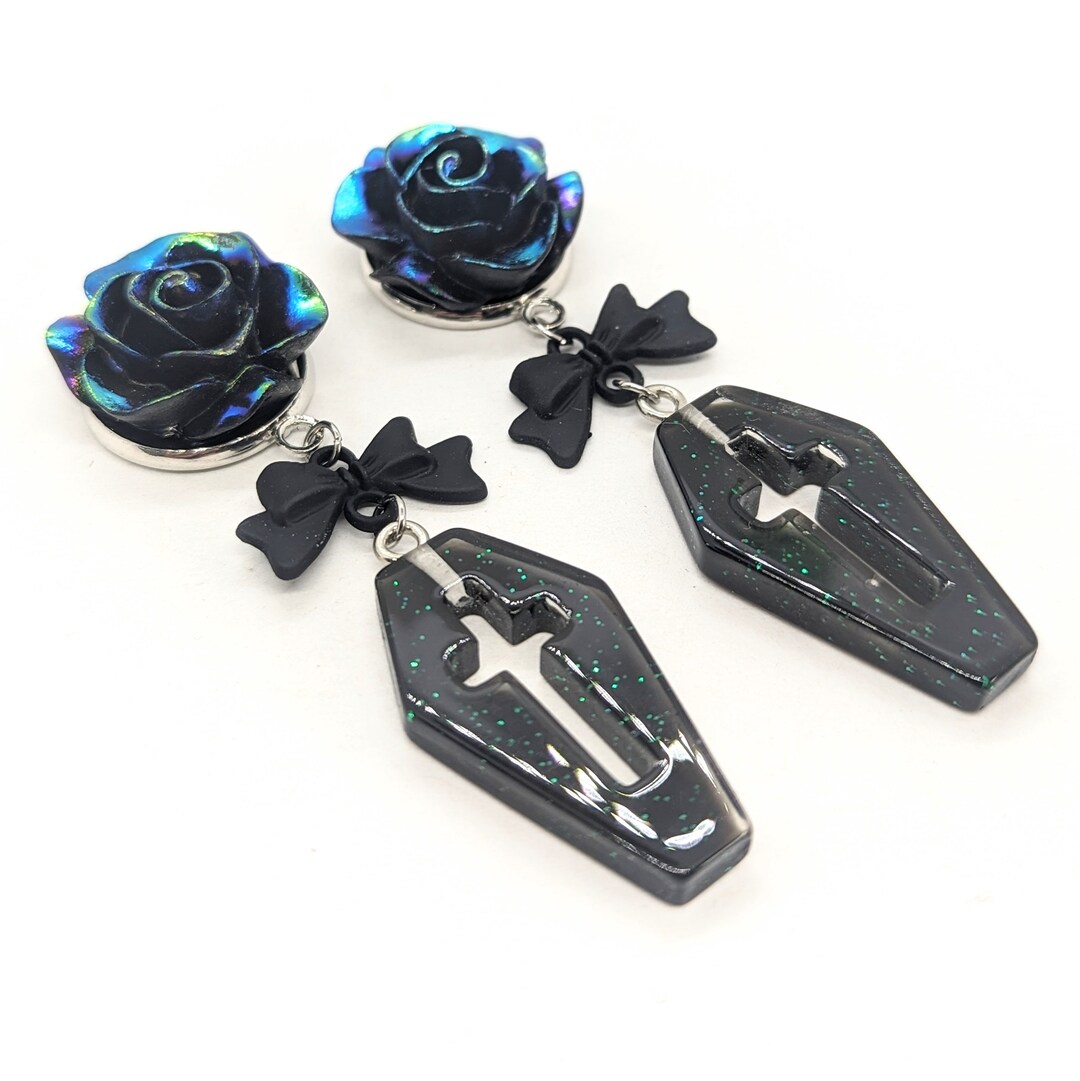 Black Flower Bow Coffin Plug Dangles Double Flare Screw Fit Internally ...
