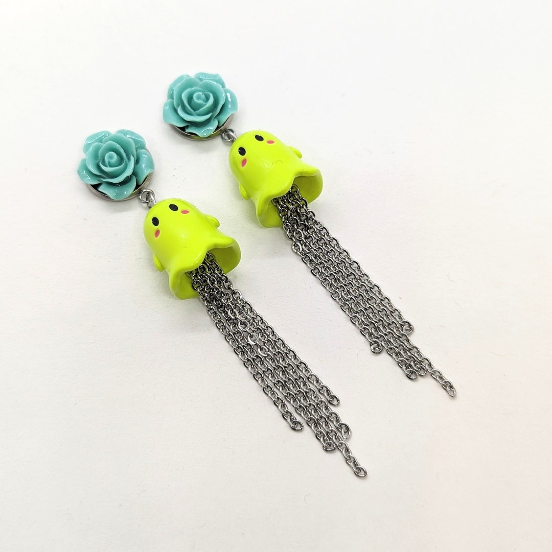 Teal Flower Neon Yellow Ghost Plug Dangles Double Flare Screw Fit ...