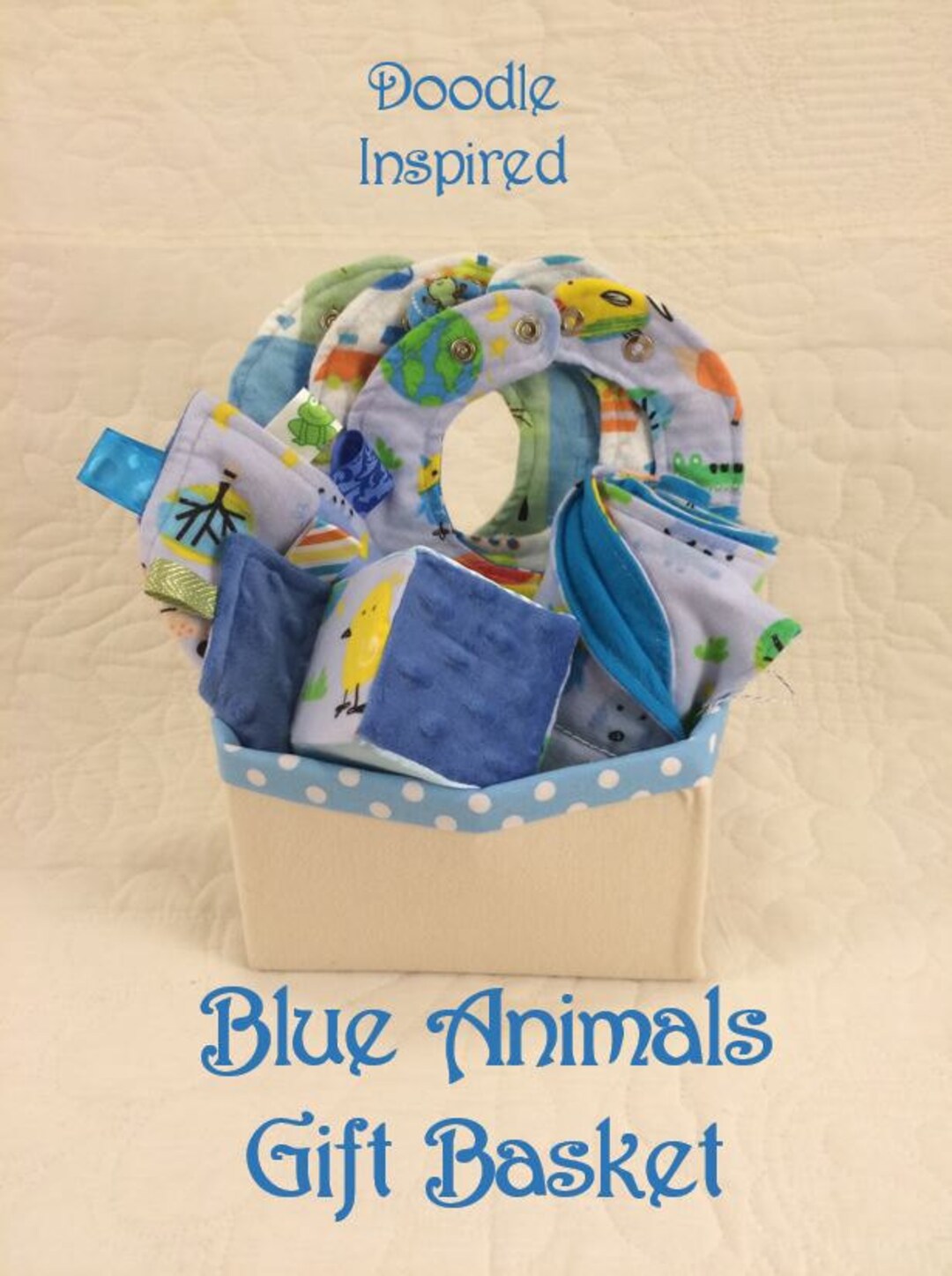 Blue Animals Baby Gift Set Basket 3 Bibs, Ribbon Crinkle Toy, Block ...
