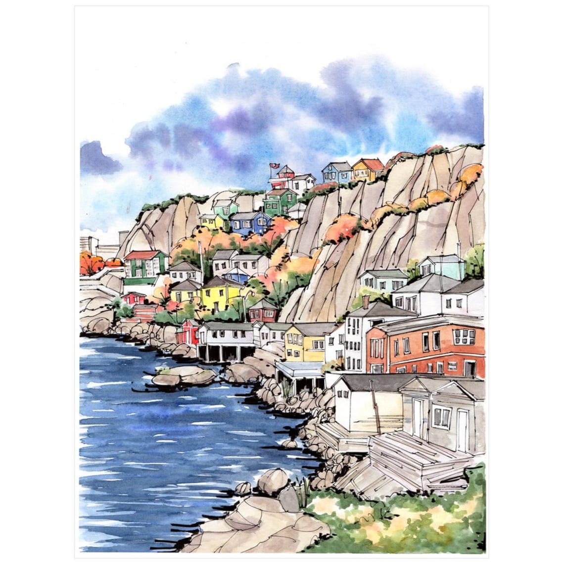 St John S Newfoundland Watercolor Art Print Colorful Seascape Etsy