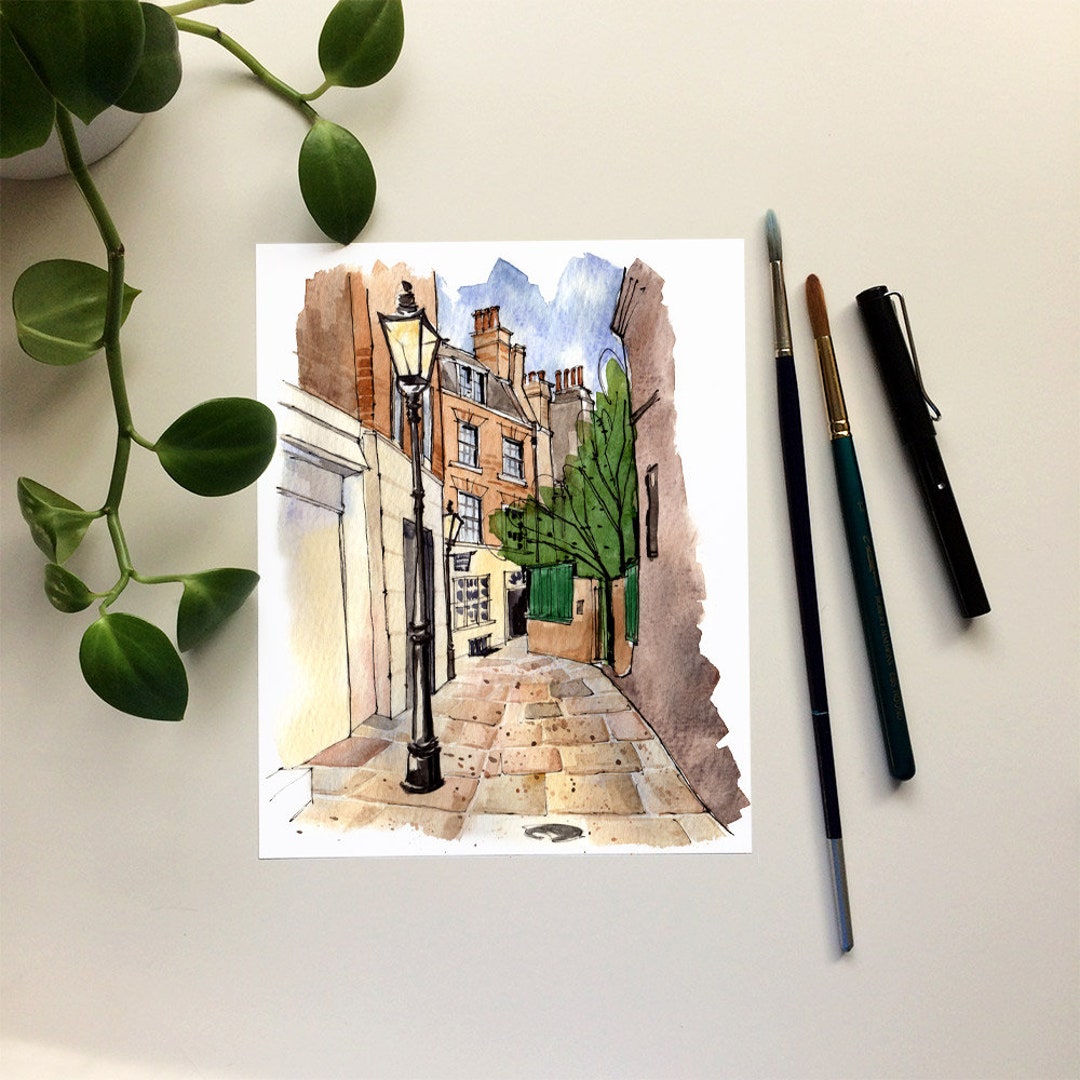 London Alleyway, Streetlight Sketch, Watercolor Art Print, Home Office ...