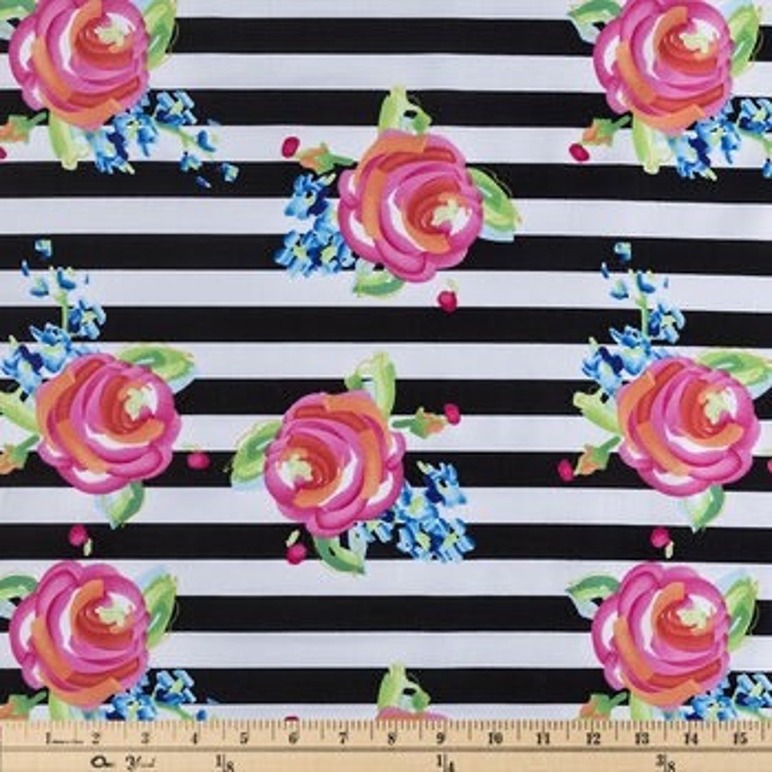Watercolor Rose Stripe Apparel Fabric, Quilting Floral Cotton, Apparel ...