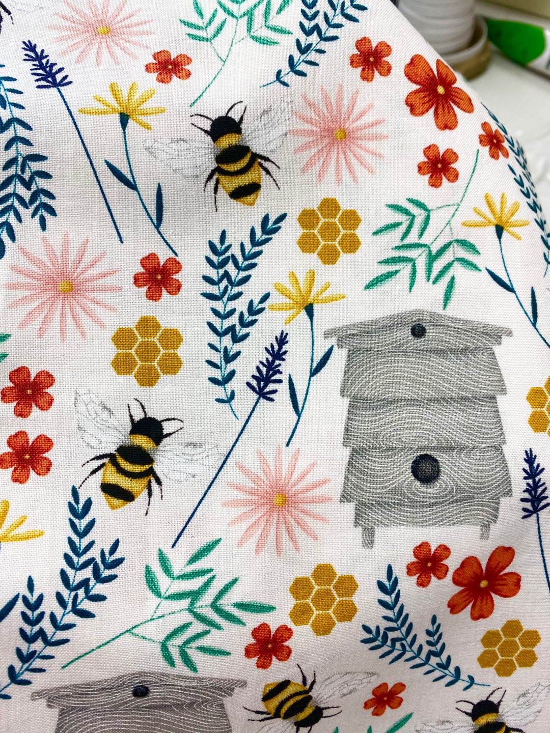 Honey Bee Hive Floral Cotton Apparel Fabric| Floral Bee Fabric| Bee ...