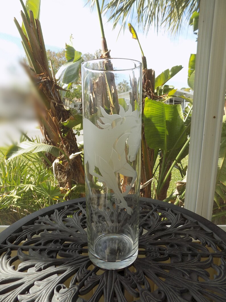 Vintage PERRY COYLE Art Glass 17 Inch Tall Vase With Etched Unicorn ...