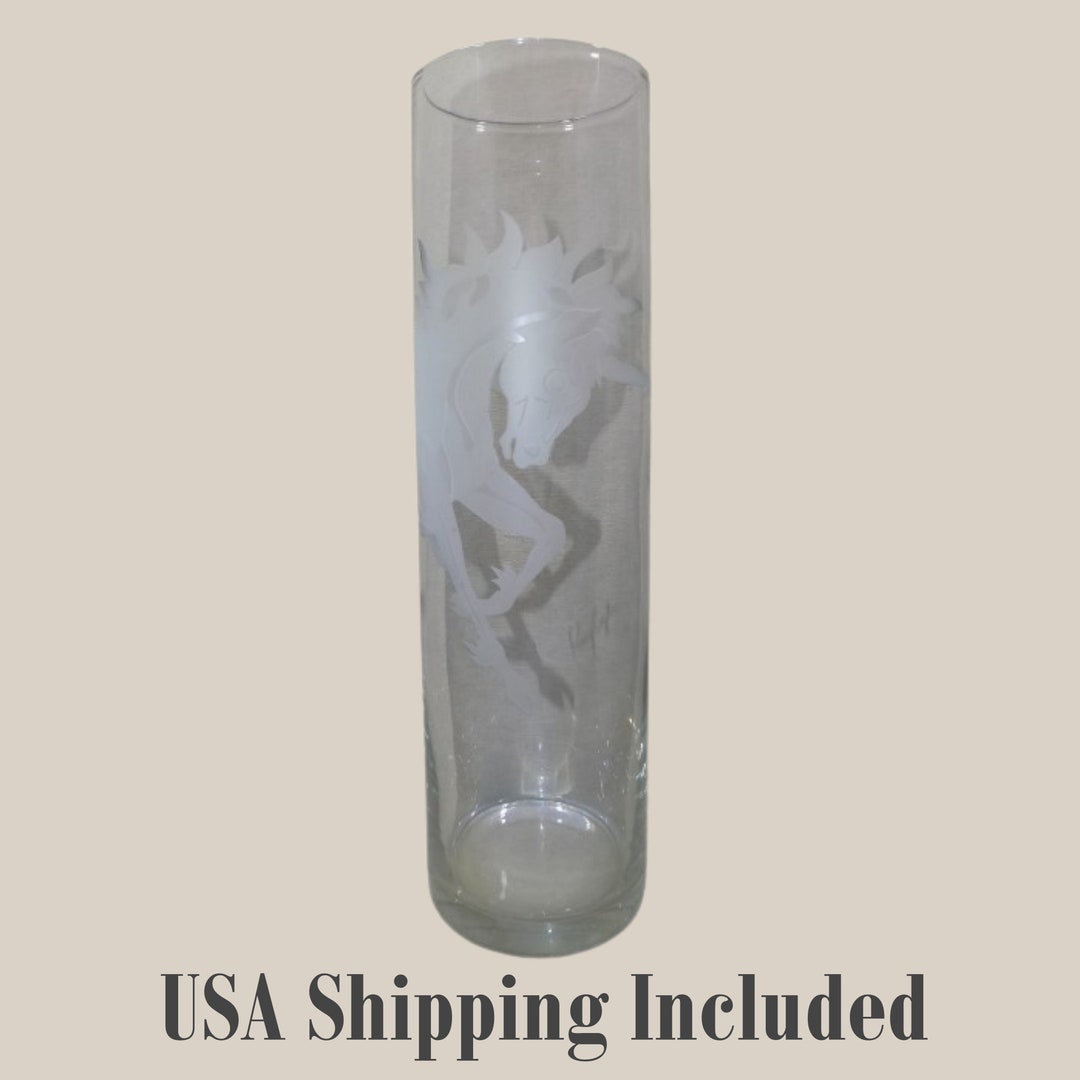 Vintage PERRY COYLE Art Glass 17 Inch Tall Vase With Etched Unicorn ...