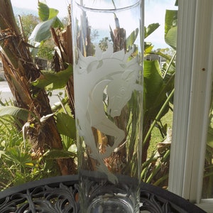 Vintage PERRY COYLE Art Glass 17 Inch Tall Vase With Etched Unicorn ...