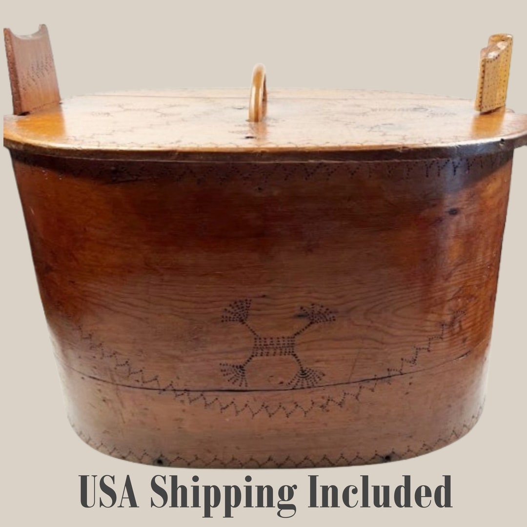 Antique NORWEGIAN TINE BOX 19 Inches Long Handmade Bentwood Pokerwork ...