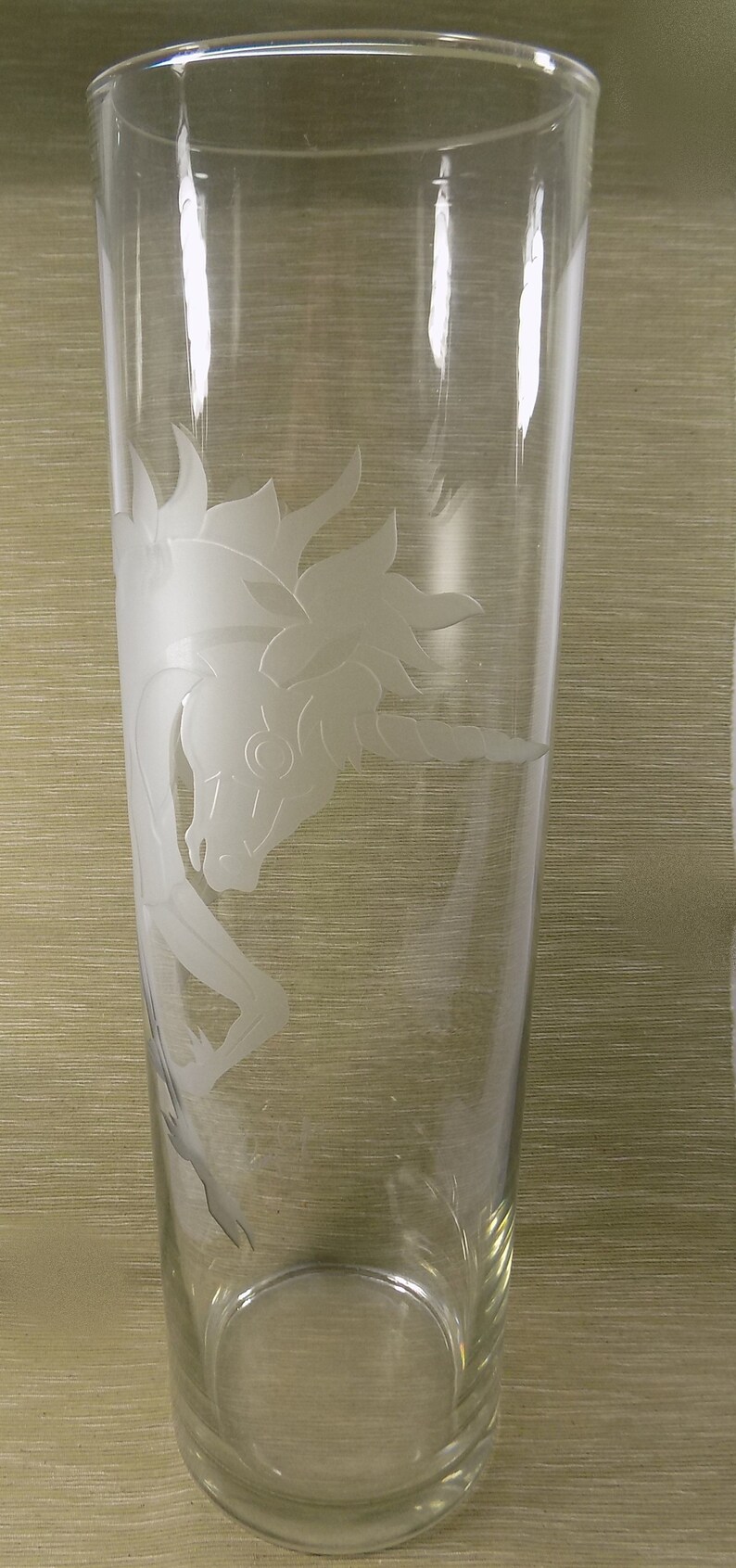 Vintage PERRY COYLE Art Glass 17 Inch Tall Vase With Etched Unicorn ...