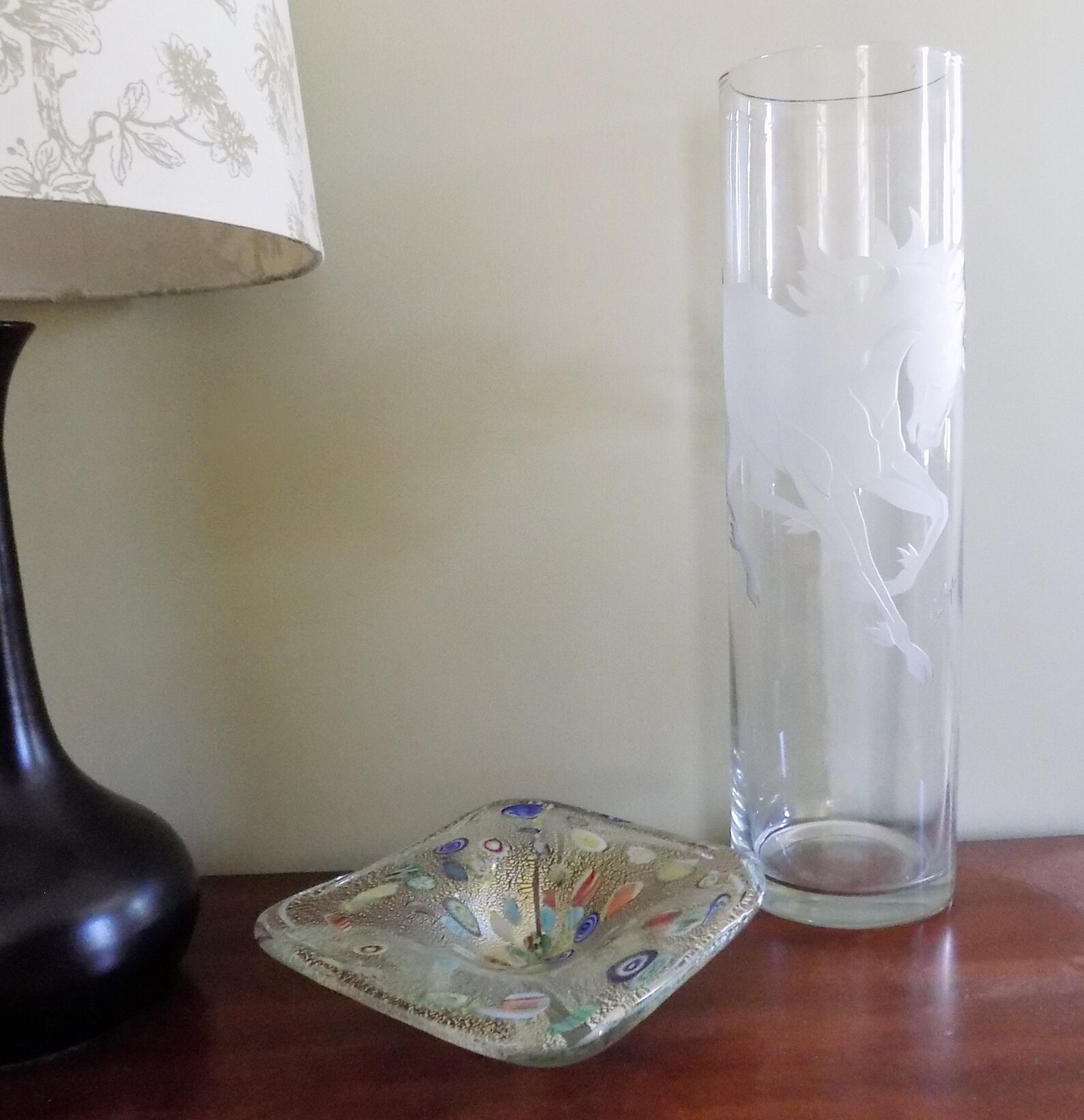 Vintage PERRY COYLE Art Glass 17 Inch Tall Vase With Etched Unicorn ...