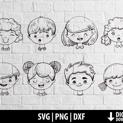 Kids Faces Svg Png Dxf Doodle Boys Girls Head Clipart - Etsy