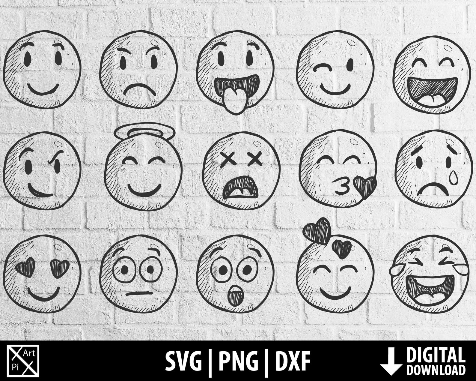 Emoji svg png dxf emoji clipart hand drawn smileys sketch | Etsy
