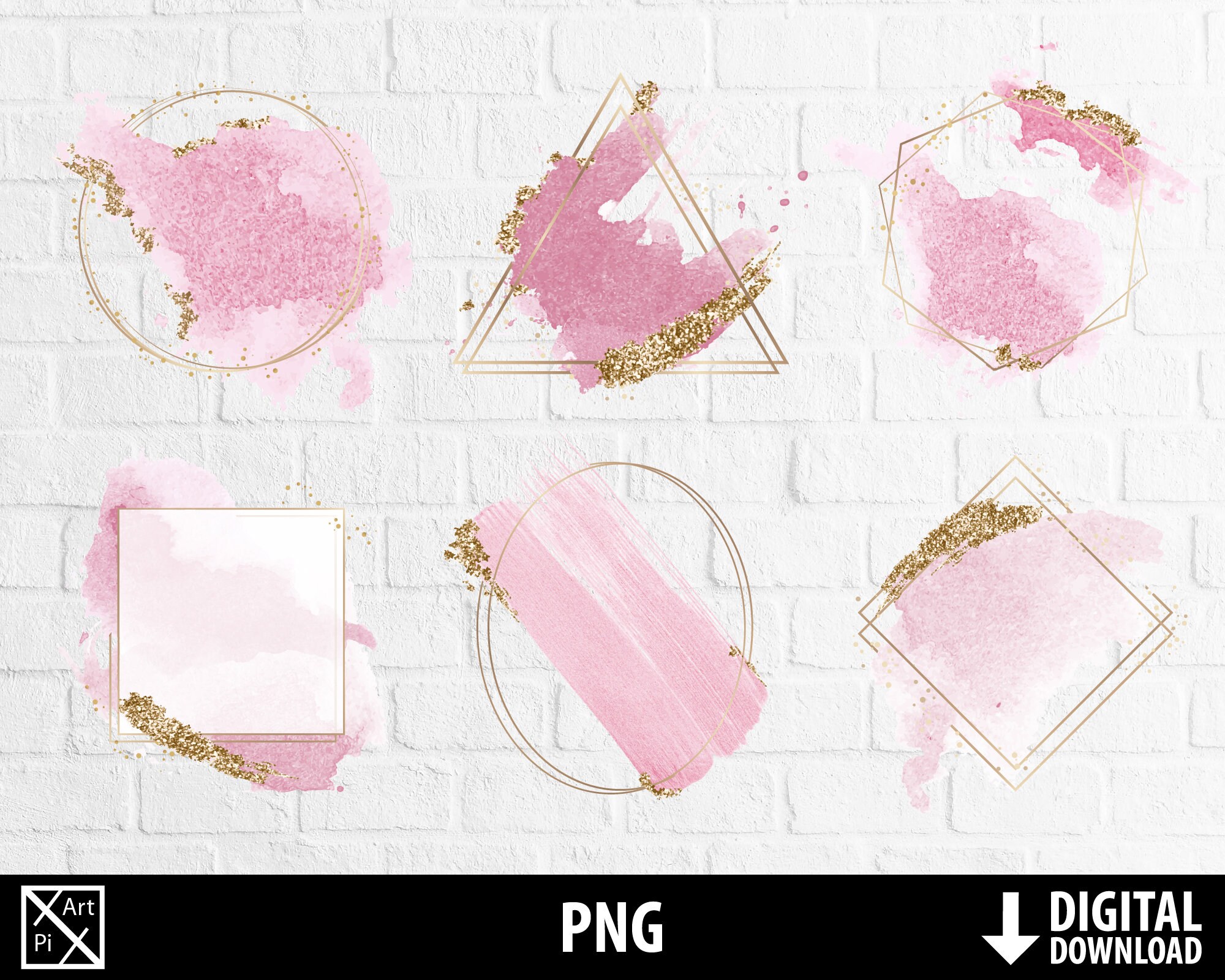 Pink Watercolor Frames Png Gold Glitter Clipart Paint Splash - Etsy