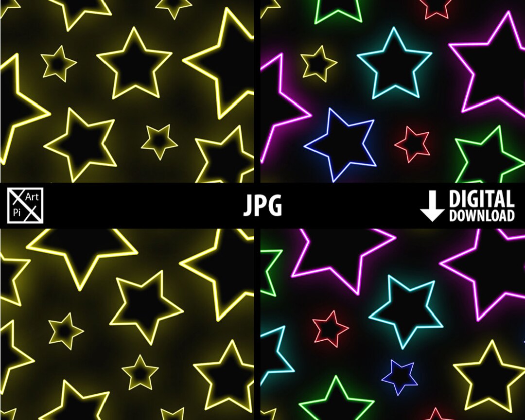 Stars Digital Paper, Neon Stars Seamless Wallpaper, Printable Glowing ...