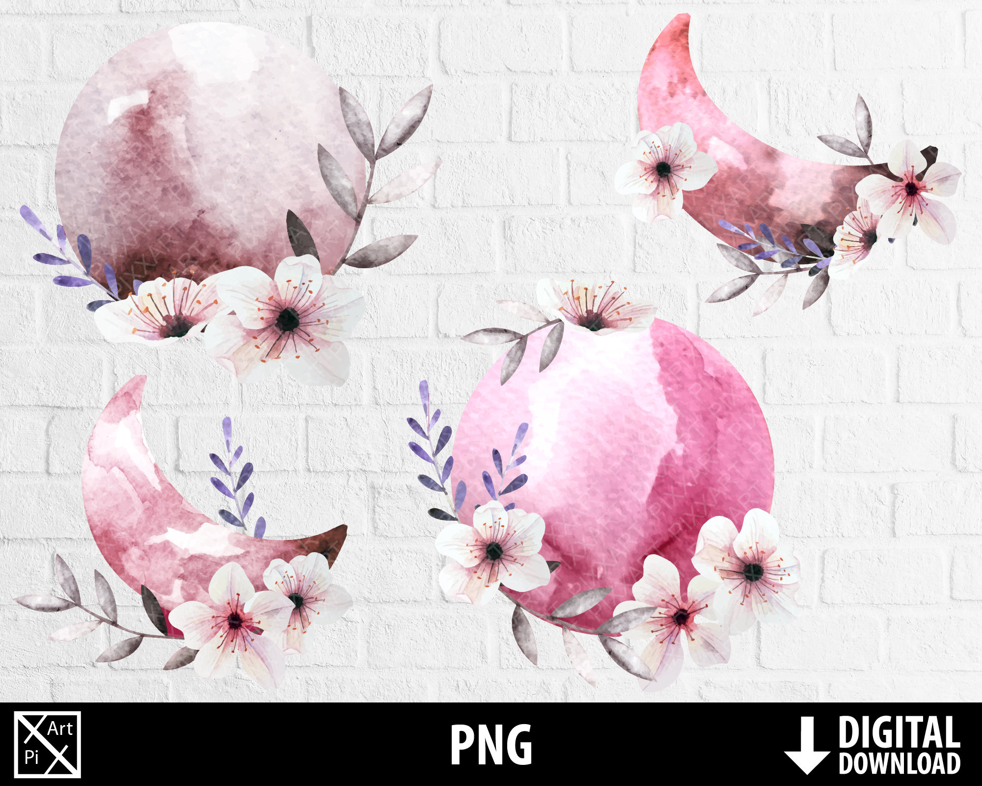 Watercolor Moon Png Floral Moon Clipart Pink Boho Moon Png | Etsy