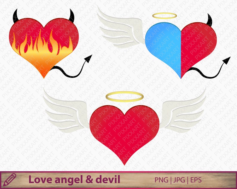 Angel devil love png good bad evil heart clipart printable | Etsy