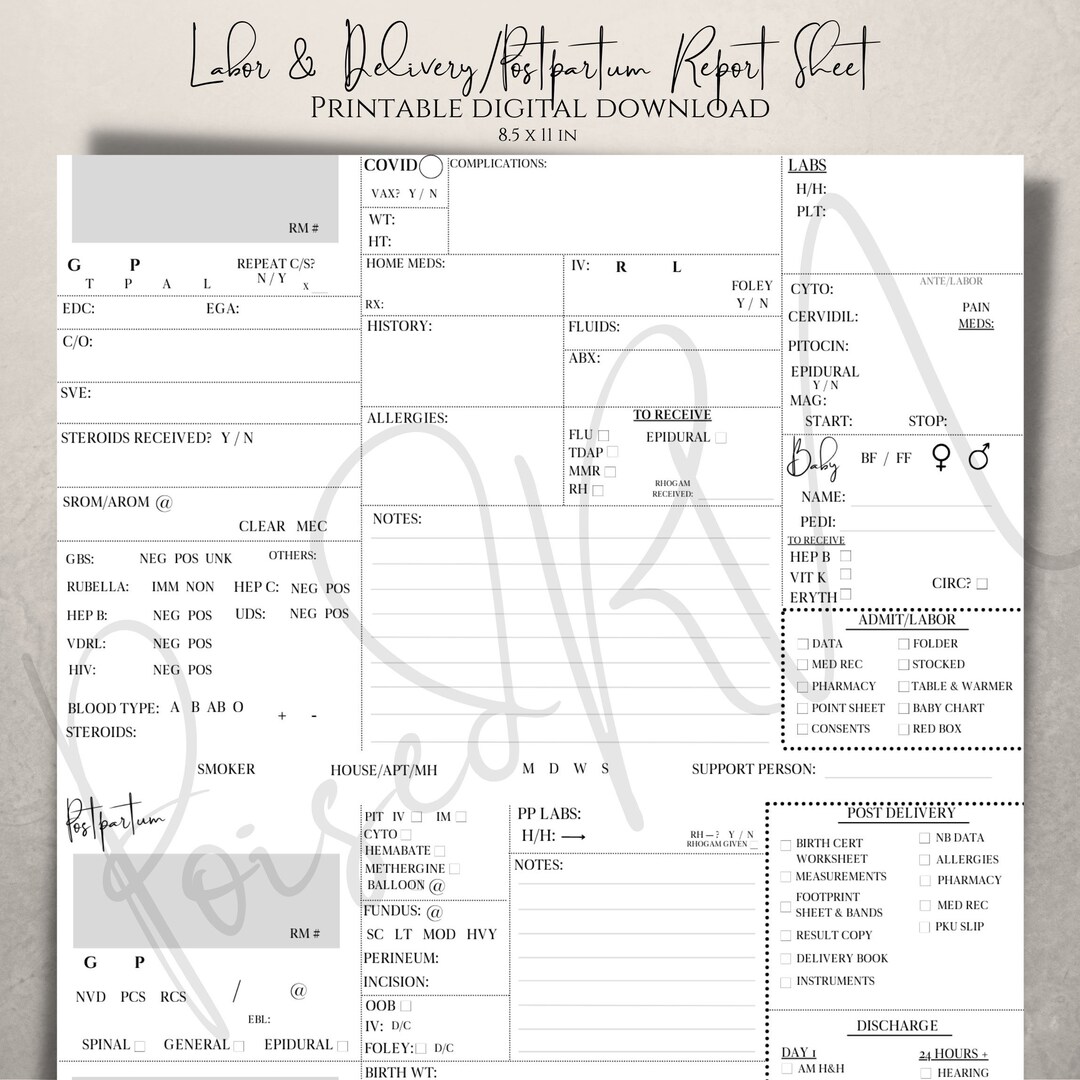 Labor & Delivery, Postpartum Report Sheet - Etsy