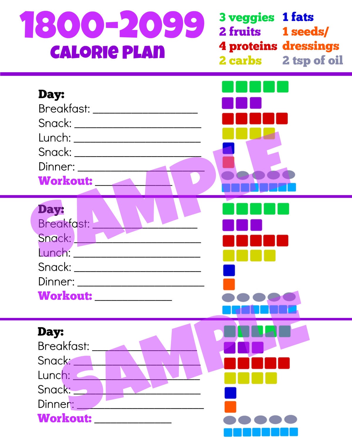 1800-2099 Calorie Diet Planner - Tally Sheet PDF Printable Worksheet ...