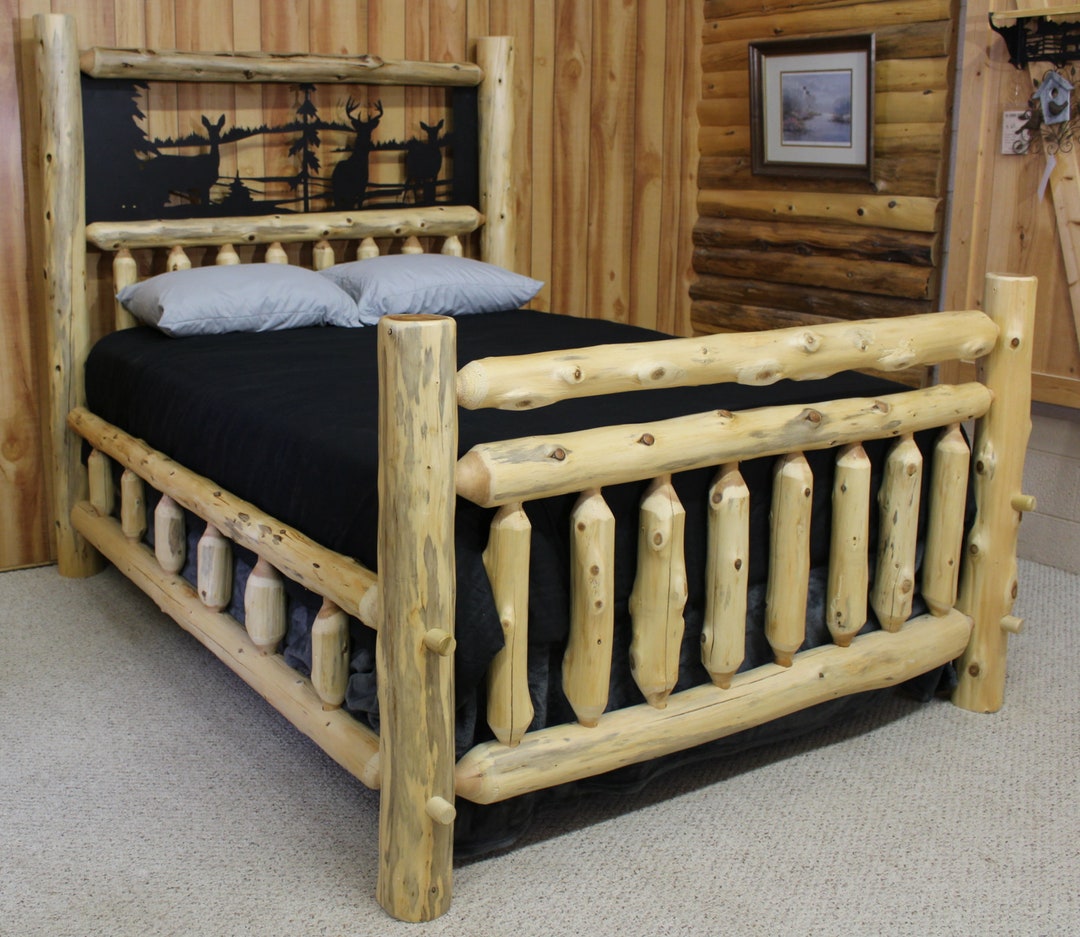 Hand Peeled Cedar Log Bed With Scenic Metal Insert - QUEEN - CHPM5005 ...