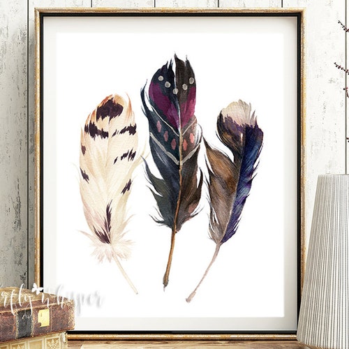 Boho Printable Watercolor Feathers Wall Art Print Hippie Wall - Etsy
