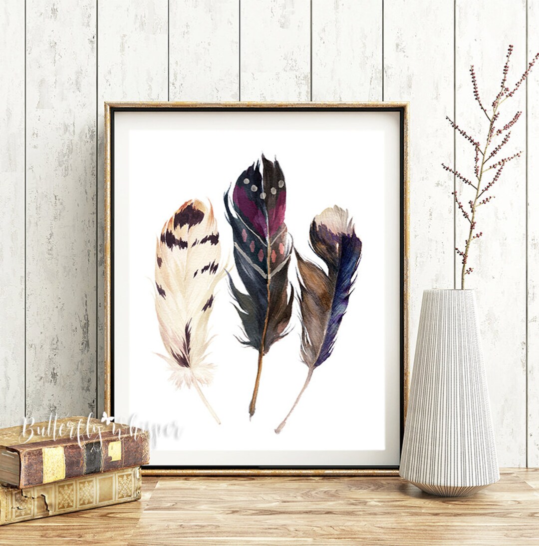 Boho Printable Watercolor Feathers Wall Art Print, Hippie Wall Art ...