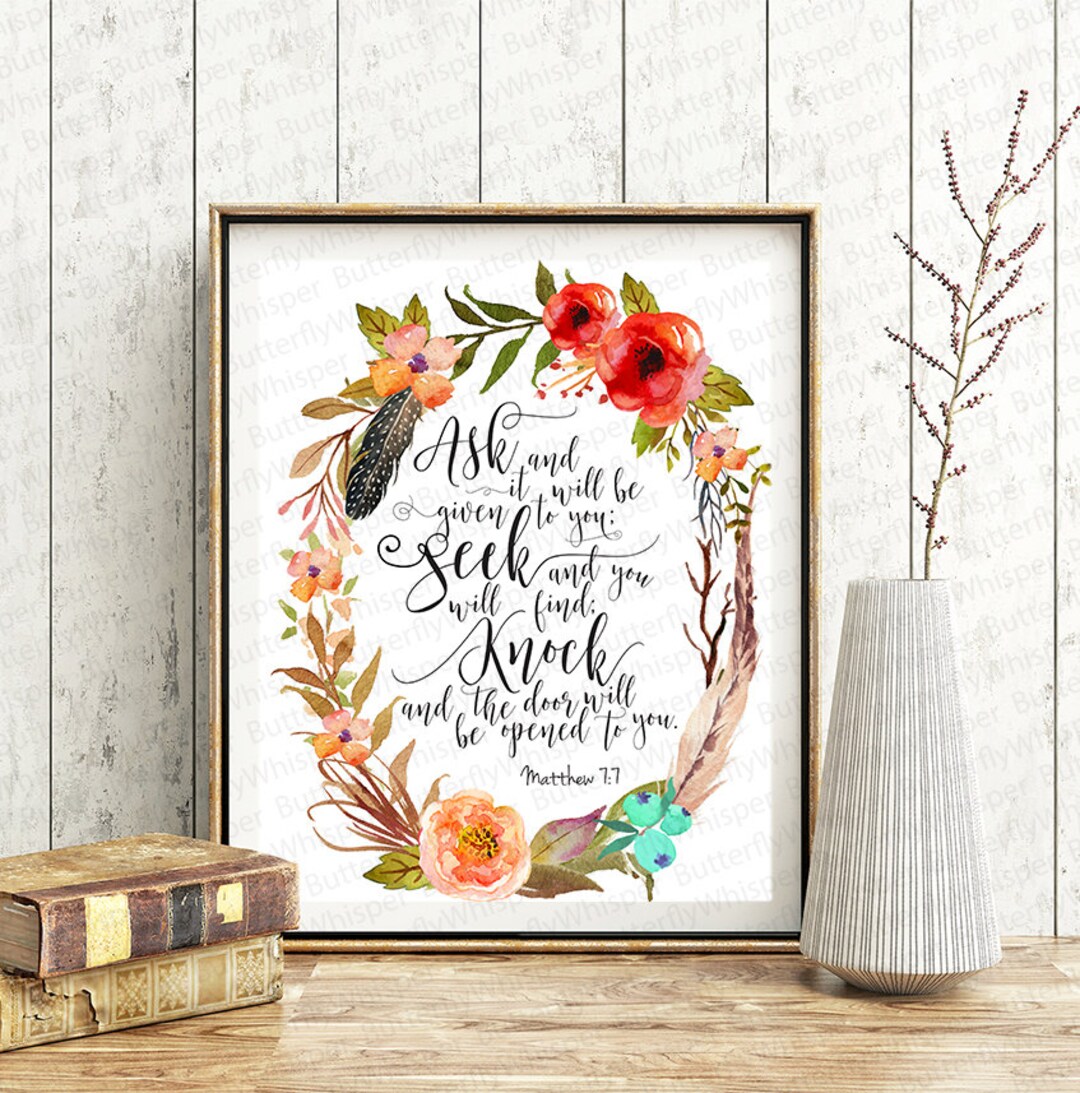 Bible Verse Wall Art Scriptute Printable, Matthew 7 7, Calligraphy ...
